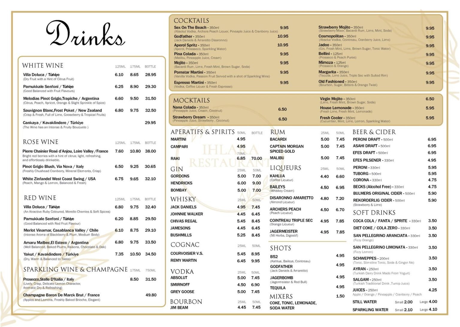 Drinks Menu | Ihlara Valley Restaurant | Turkish Cuisine in Woking
